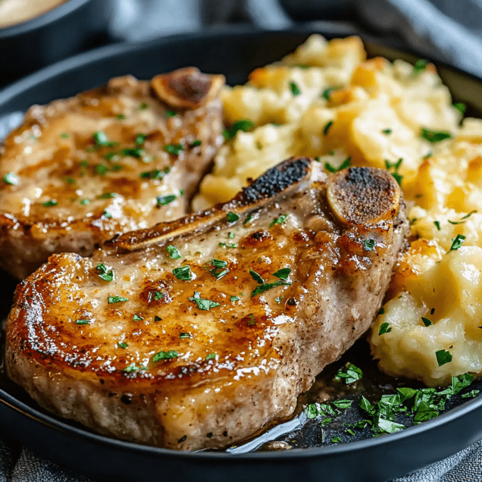 Garlic Butter Pork Chops with Cheesy Potato Bake