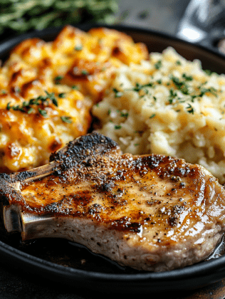 Garlic Butter Pork Chops with Cheesy Potato Bake