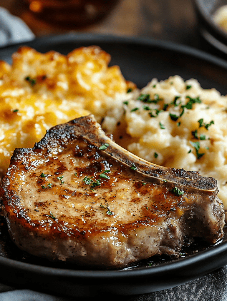 Garlic Butter Pork Chops with Cheesy Potato Bake