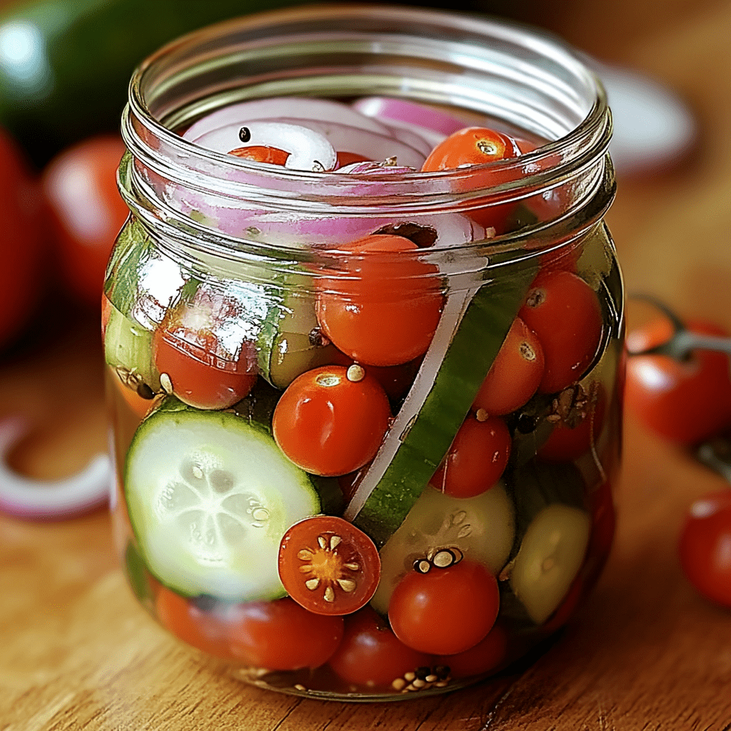 Quick Pickled Cherry Tomatoes, Red Onion, and Cucumber