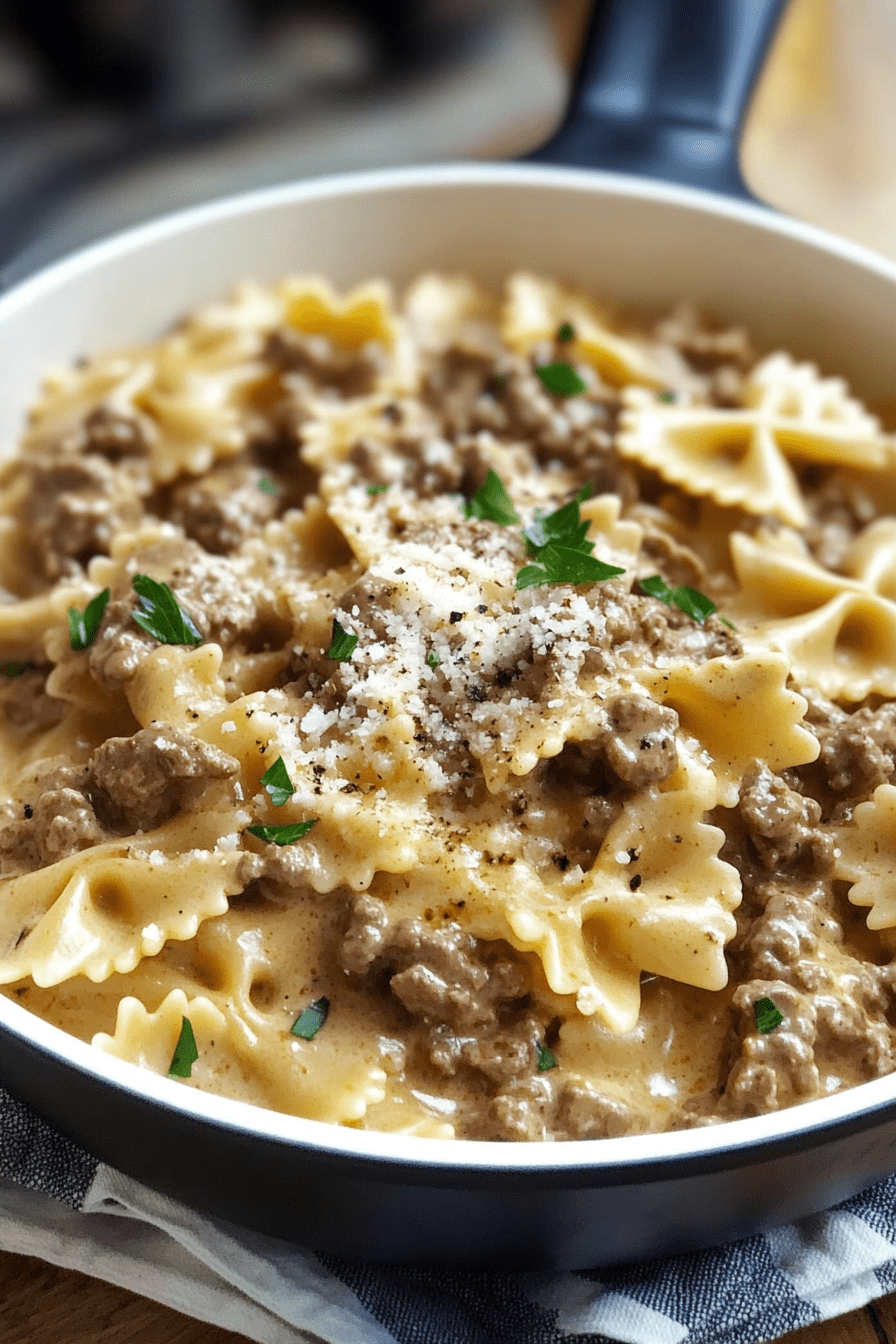 Creamy Parmesan Garlic Beef Bowtie Pasta